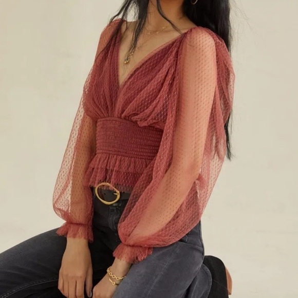 Anthropologie | Tops | Anthropologie Tulle Blouse Sheer Puff Sleeves ...